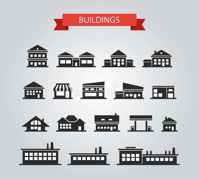 Set of Flat Design Buildings Pictograms Stock Vector - Illustration of ...