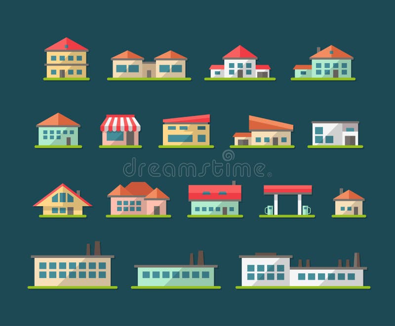 Set of Flat Design Buildings Pictograms Stock Vector - Illustration of ...