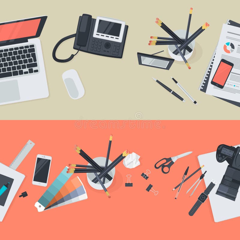 Set of Flat Design Illustration Concepts for Creative Workspace and ...