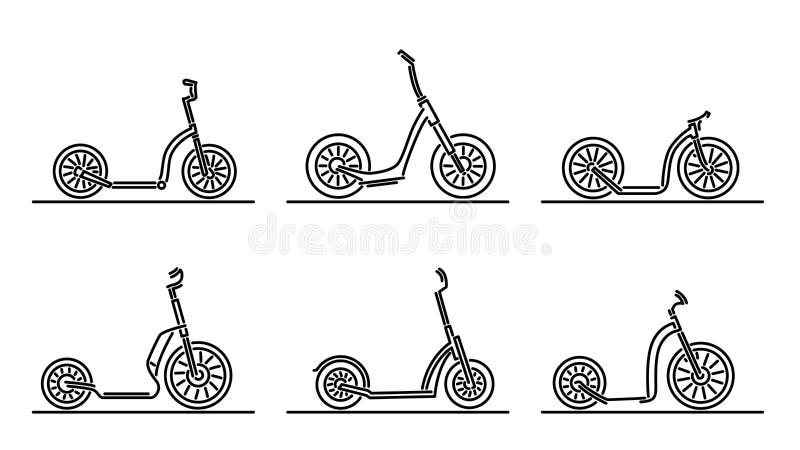 Set of Flat Design Images of Kick Scooters with Big Wheels Drawn in Art ...
