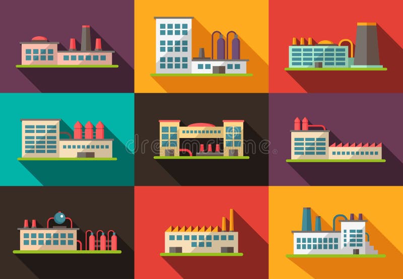 Industrial Factory Buildings - 9 Vector Icons in Flat Design Style ...