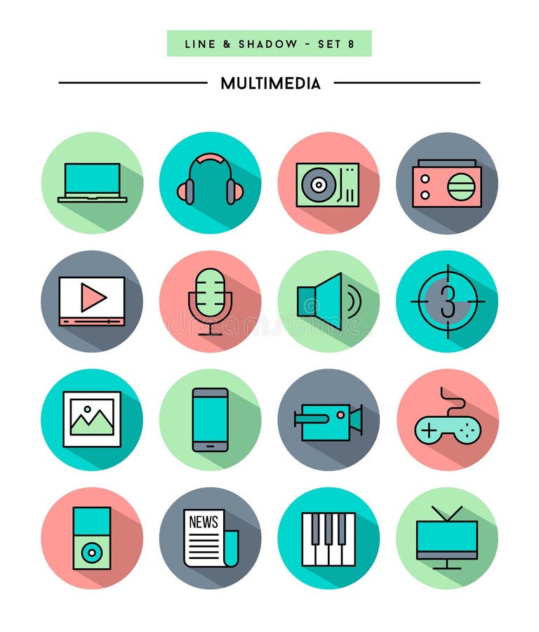 Set of Flat Design, Long Shadow, Thin Line Multimedia Icons Stock ...