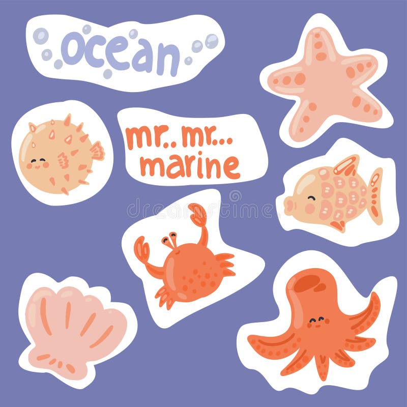 Set of Flat Design Ocean Marines Animals Stickers Stock Vector ...
