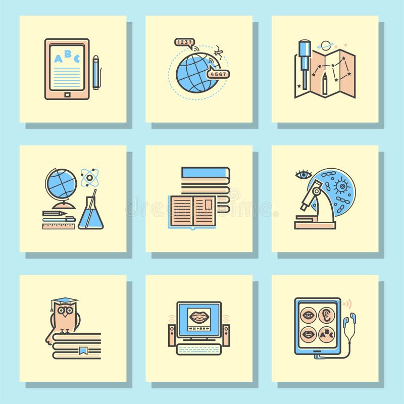 Set of Flat Design Outline Icons Education Tutorials Staff Training ...