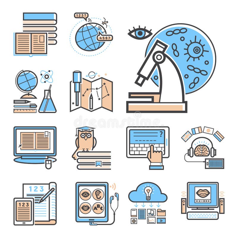Set of Flat Design Outline Icons Education Tutorials Staff Training ...