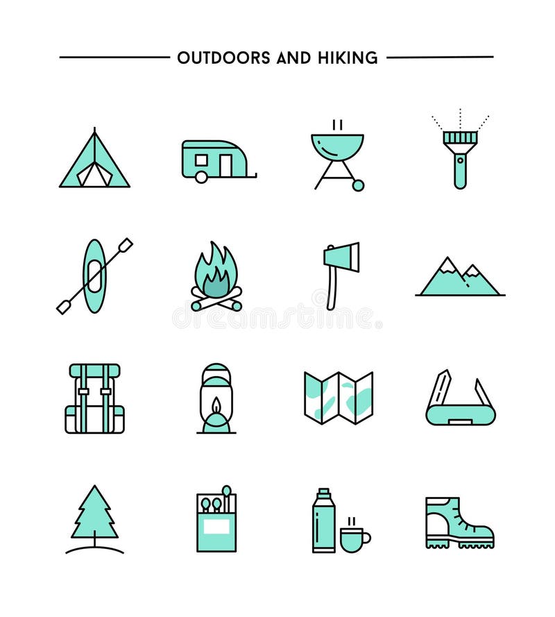 Set of Flat Design, Thin Line Hiking and Outdoors Icons Stock Vector ...