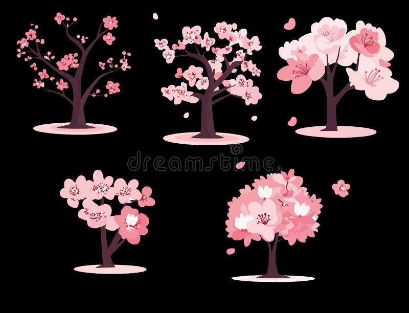 Set of Flat Drawings of Sakura Trees Stock Illustration - Illustration ...