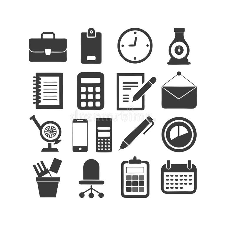 Workspace Icons in Flat Style: Briefcase, Calendar, Clock, and Other ...