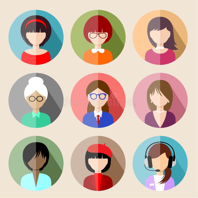 Set of Flat Icons with Women. Stock Vector - Illustration of profile ...