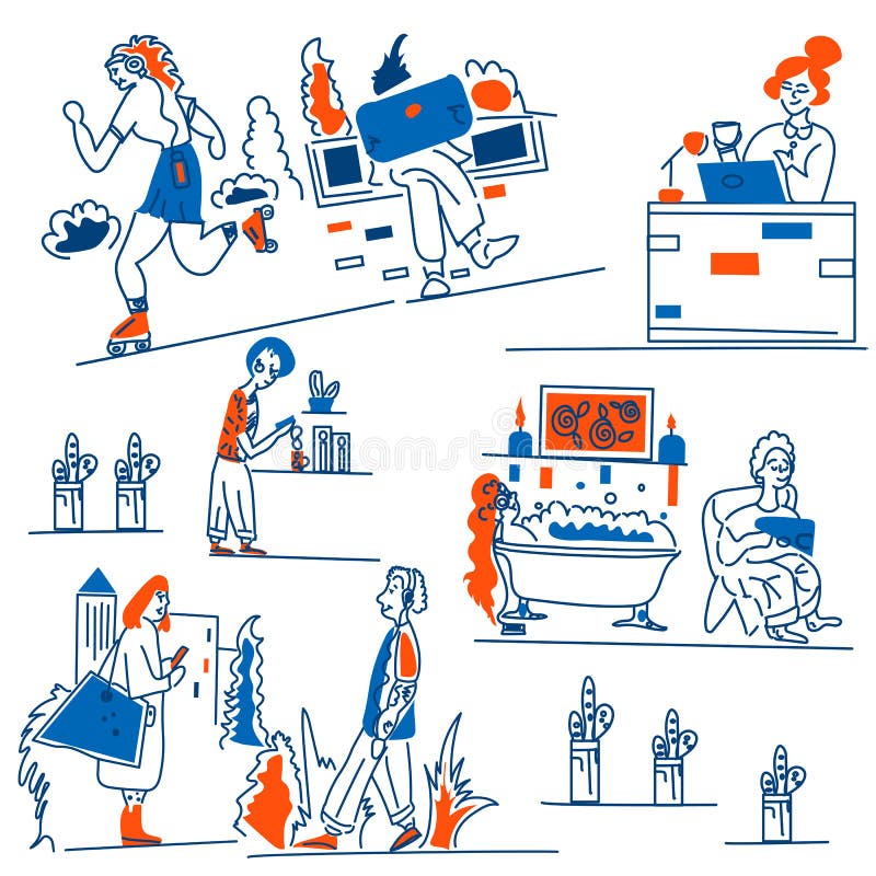 Set of Flat Illustrated Scene in Park, during Job Activity, at Home ...