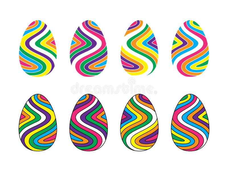 Set of Flat Images of Easter Eggs Decorated in Wavy Stripes Stock ...