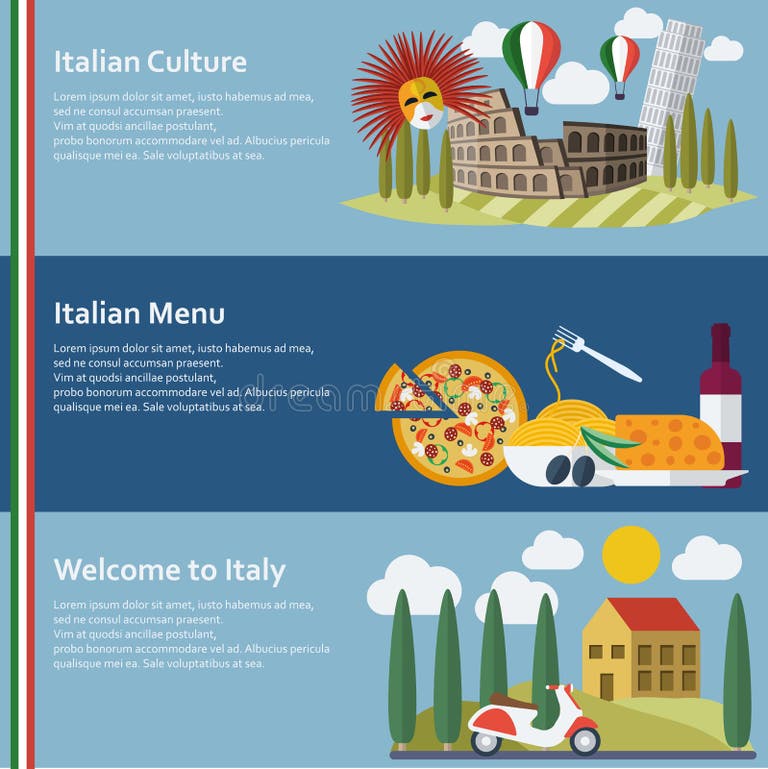 Set of Flat Italy Web Banners. Stock Vector - Illustration of pizza ...