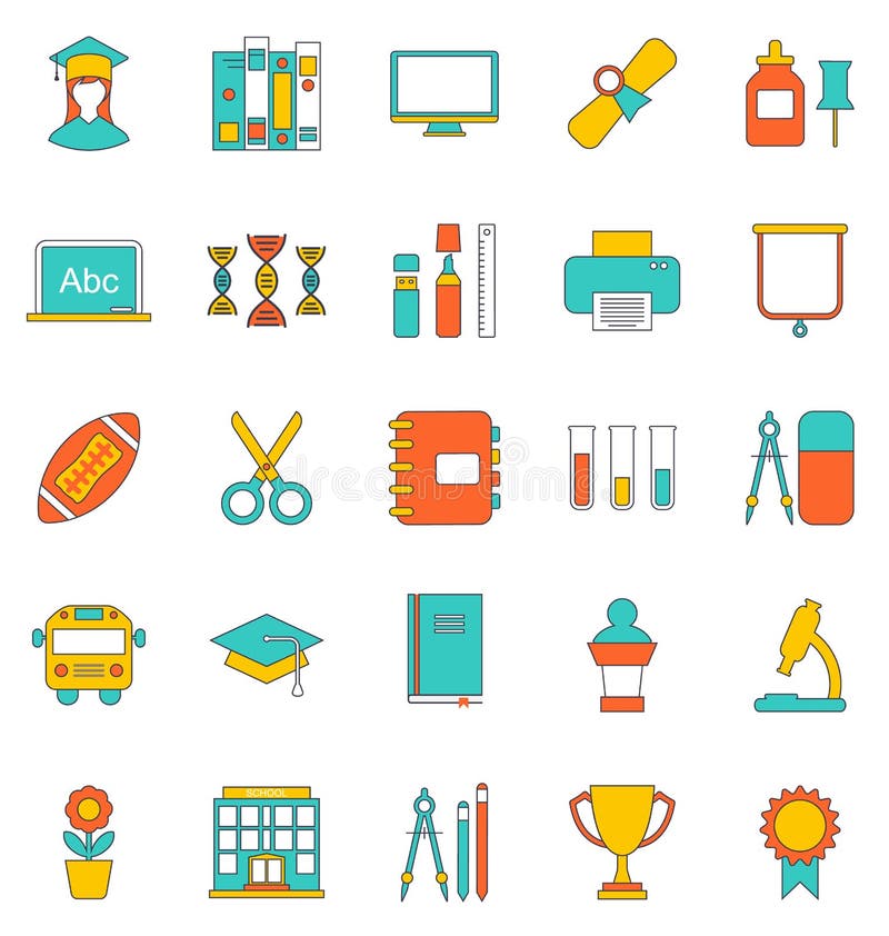 Set Flat Line Icons of School Equipment and Tools Stock Vector ...