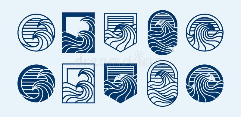 Set of Flat Line Sea Wave Icon Logo Design. Silhouette of Ocean Wave ...