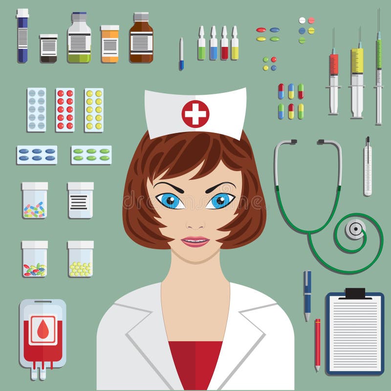 Flat Icon Of Nurse And Medical Equipment And Objects Stock Vector ...