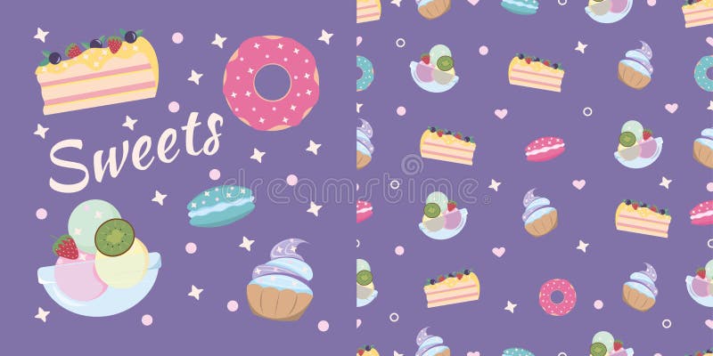 Set Flat Objects and Seamless Pattern with Sweets Stock Vector ...