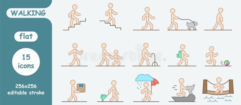 Set of Flat with Outline Icons "walking" Stock Vector - Illustration of ...