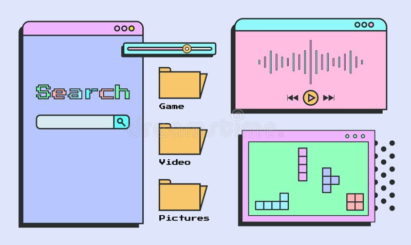 Set of Flat Retrowave UI and UX Elements: Search Window, Folders, Music ...