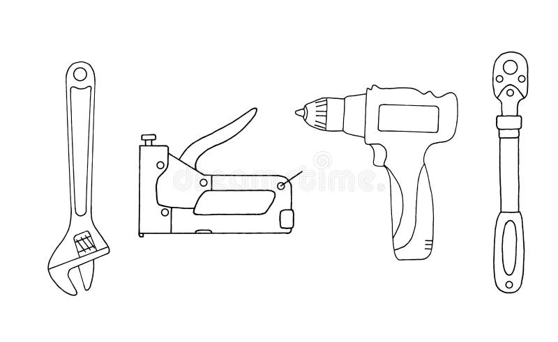 Set of 4 Flat and Simple Icons of Tools Drawing with Black Lines on ...