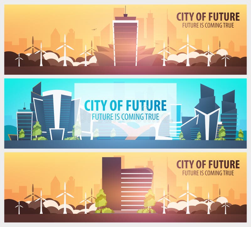 Set of Flat Style Banners. Modern City Houses. Building of Future ...