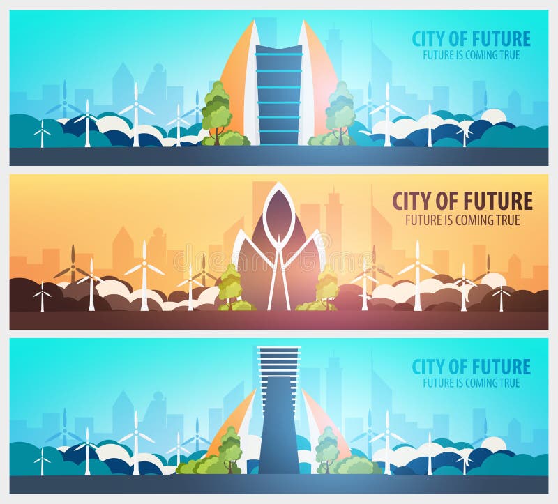 Set of Flat Style Banners. Modern City Houses. Building of Future ...