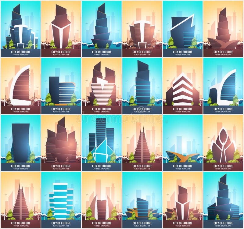 Set of Flat Style Banners. Modern City Houses. Building of Future ...