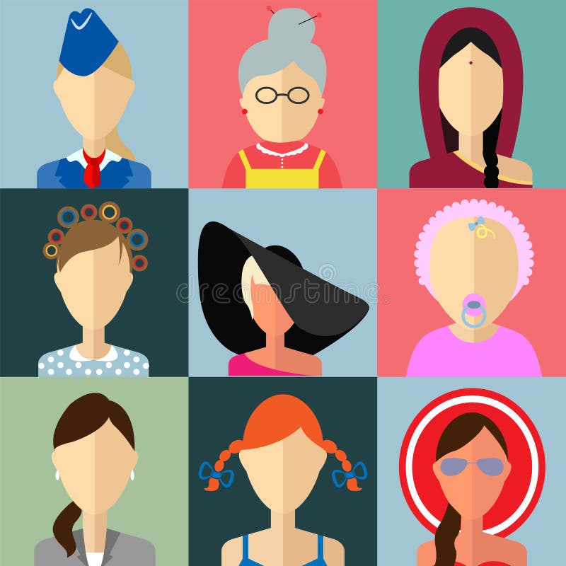 Set of Flat Style Female Characters Stock Vector - Illustration of ...