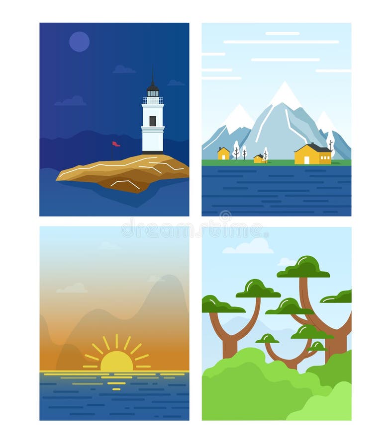 Set of Flat Style Landscape Designs, Vector Scenery Postcard, Poster ...