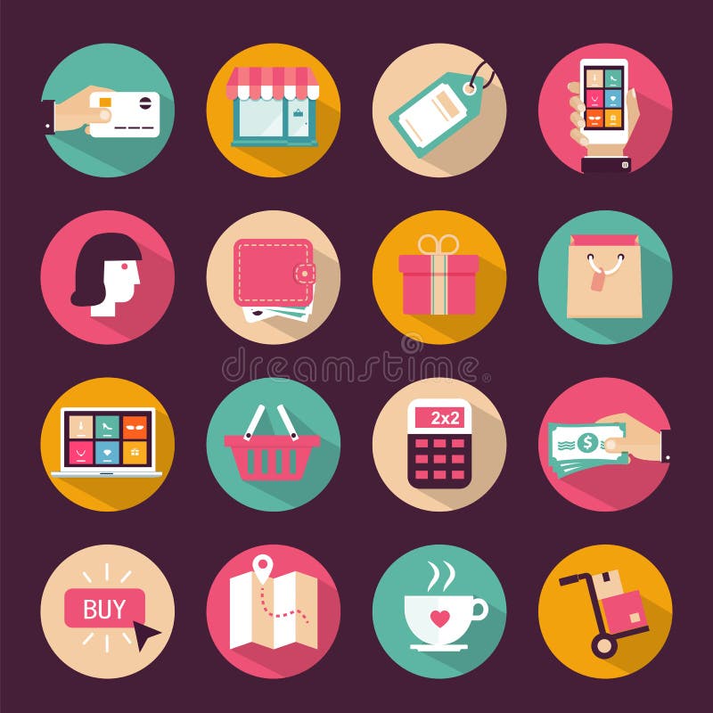 Flat shopping icons set stock vector. Illustration of clock - 34326310