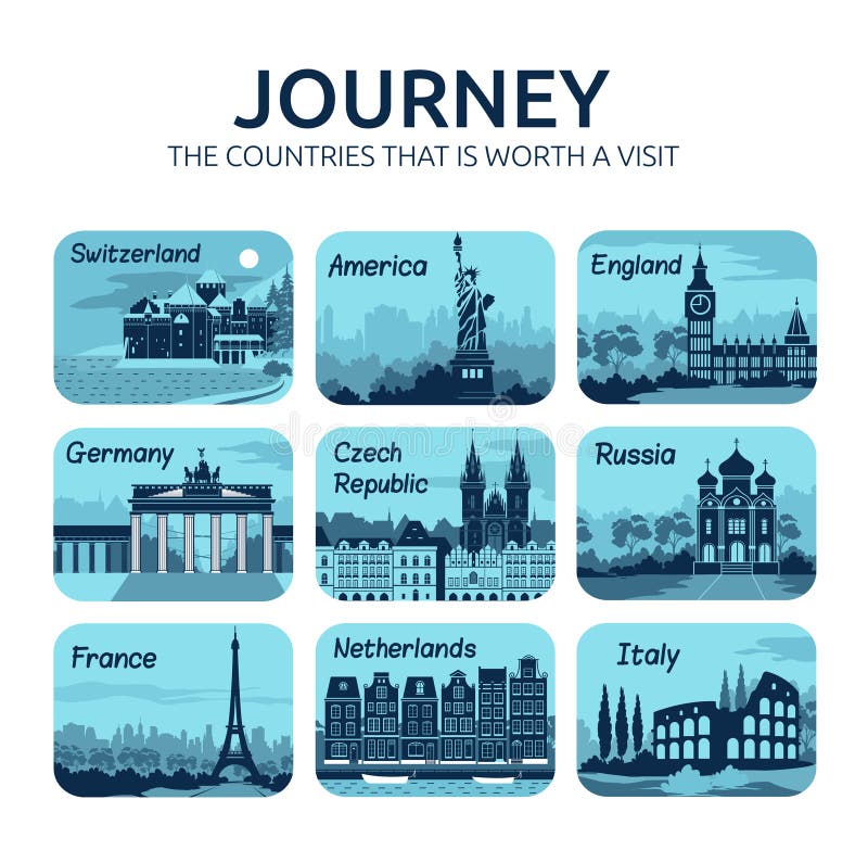 Set of Flat Travel Icons with Different Countries. Journey. Countries ...