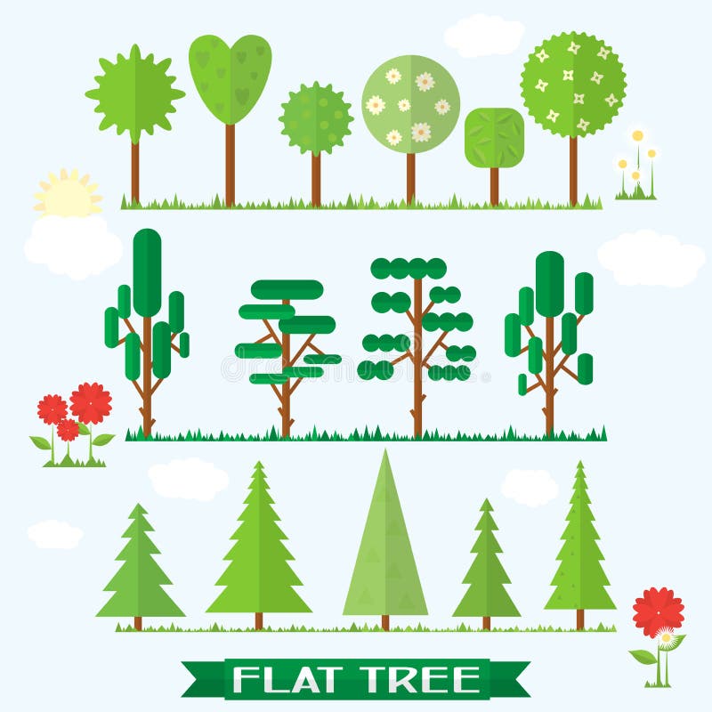Set flat tree and flower stock vector. Illustration of decorative ...