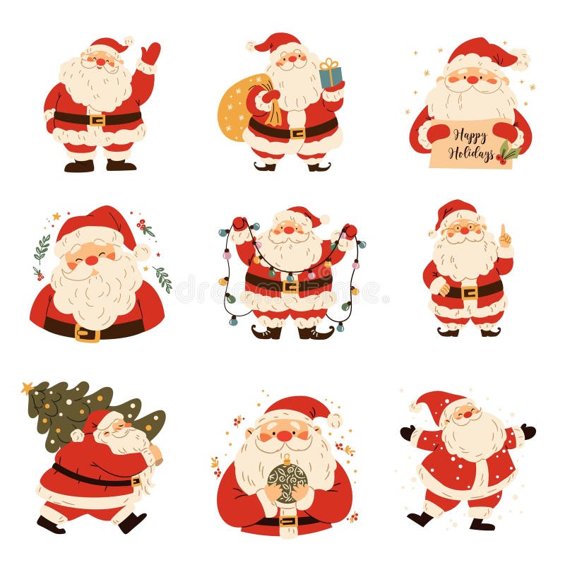 A Set of Flat Vector Christmas Illustrations. Cute Santa Clauses in ...