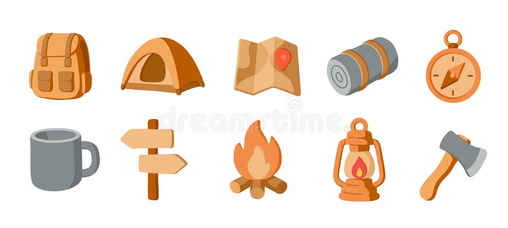 Set of 10 Flat Vector Icons Featuring Hiking and Camping Equipment ...