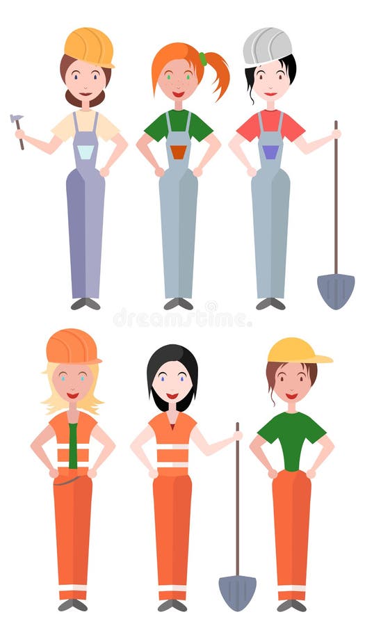 Set of Flat Vector Illustrations Women Workers and Builder. Stock ...