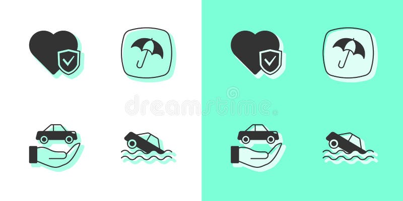 Set Flood Car, Life Insurance with Shield, Car and Umbrella Icon ...