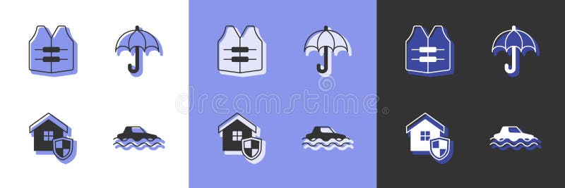 Set Flood Car, Life Jacket, House with Shield and Umbrella Icon. Vector ...