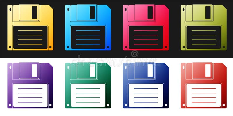 Set Floppy Disk for Computer Data Storage Icon Isolated on Black and ...