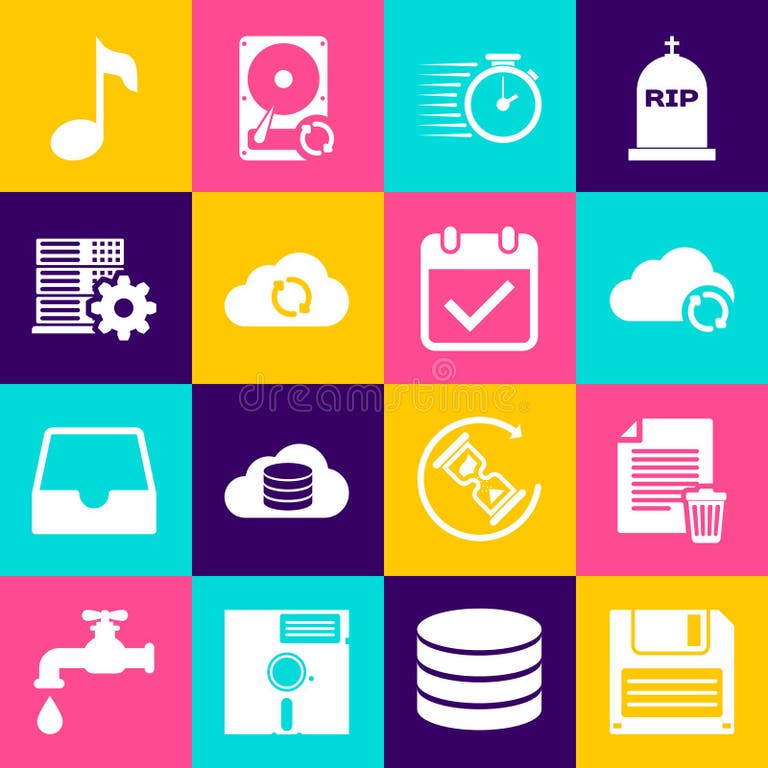 Set Floppy Disk, Delete File Document, Cloud Sync Refresh, Stopwatch, and Server Setting Icon ...