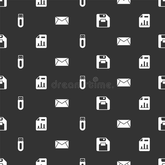 Set Floppy Disk, Document with Graph Chart, USB Flash Drive and Mail ...