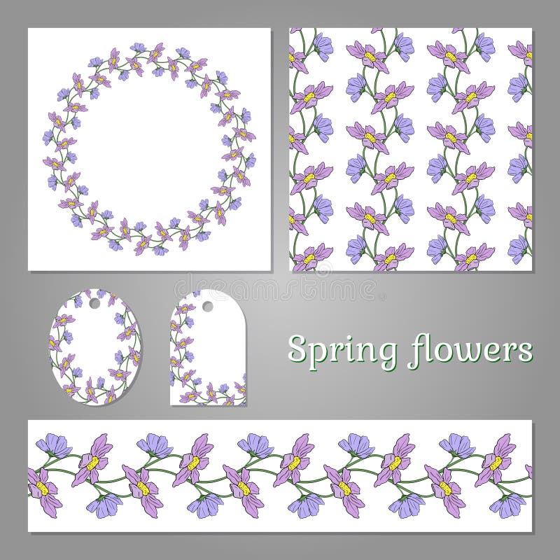 Set of Floral Decoration Elements with Spring Pale Colored Flowers ...