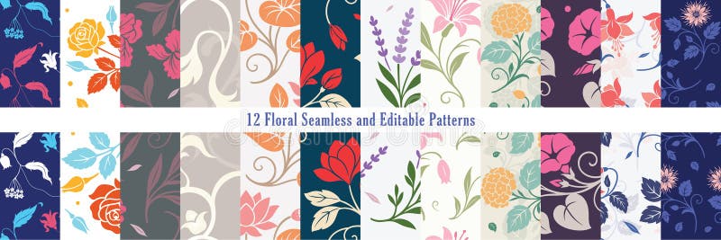 A Set of 12 Editable Floral Seamless Vector Pattern Stock Illustration ...