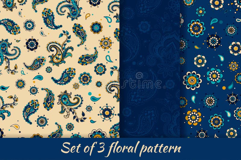 Set Of 3 Floral Seamless Pattern Stock Vector Illustration Of Motif