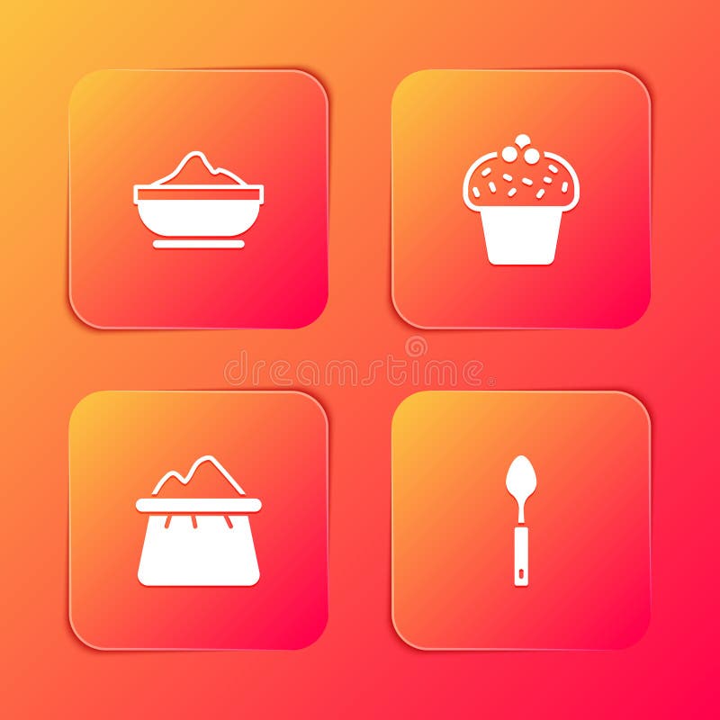 Set Flour Bowl, Cake, Bag of Flour and Spoon Icon. Vector Stock Vector ...