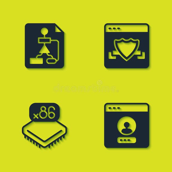 Set Flowchart Create Account Screen Processor With Microcircuits Cpu And Browser Shield Icon
