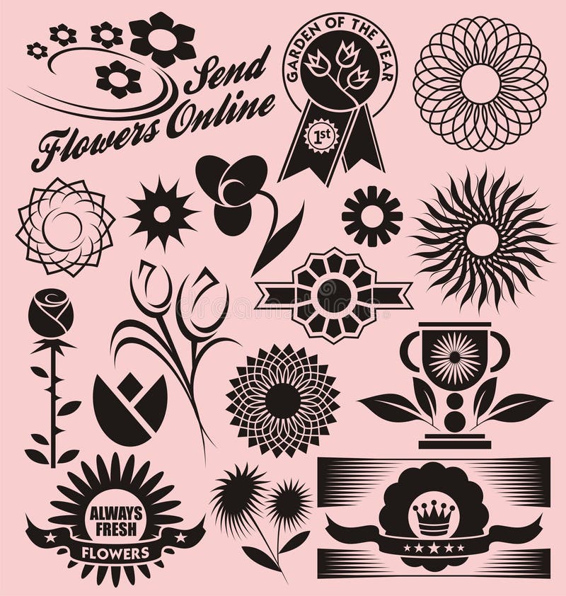 Set of Flower Symbols, Icons and Signs Stock Vector - Illustration of ...