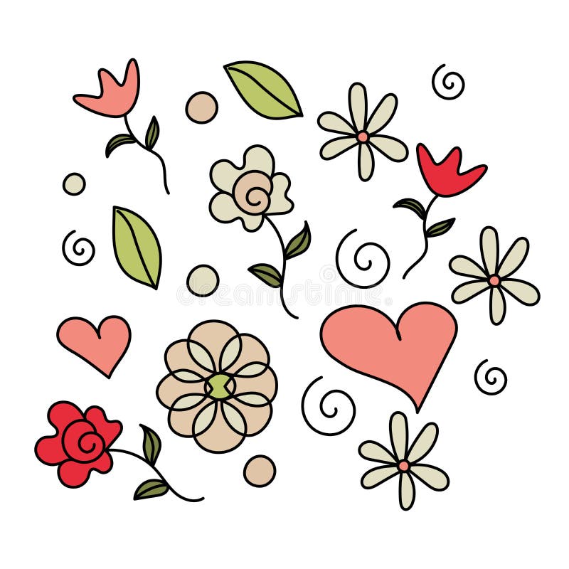 Set of Flowers in Style of Doodle Colored on White Background Stock ...