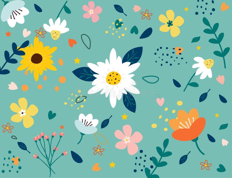 Set of Flowers on a White Turquoise. Spring Flowers and Plants. Spring ...