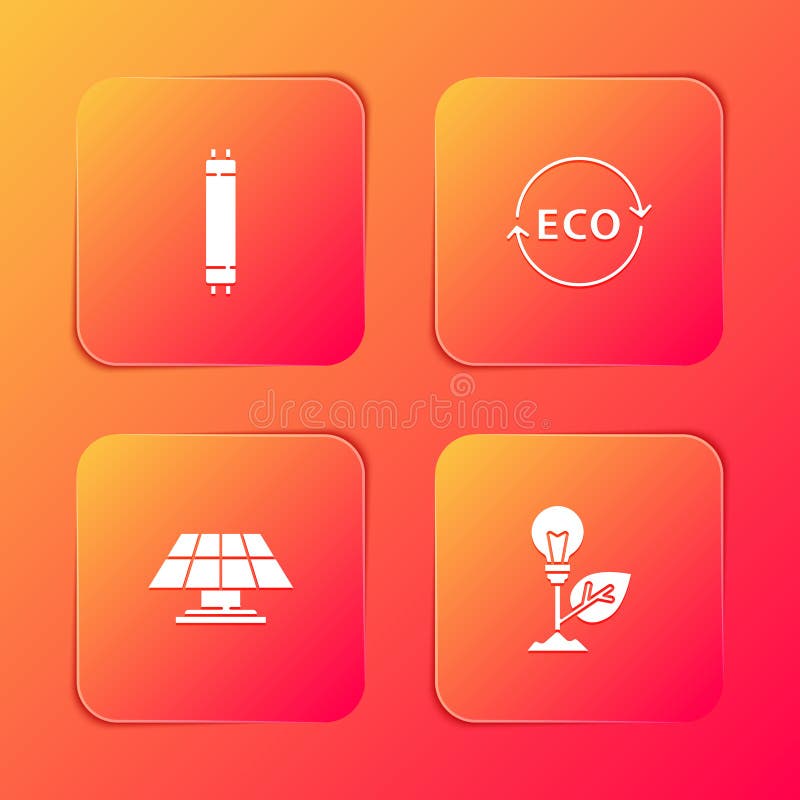Set Fluorescent Lamp, Label for Eco Healthy Food, Solar Energy Panel ...