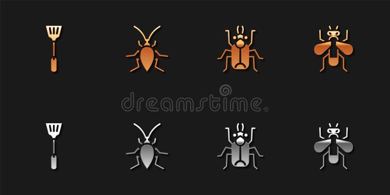 Set Fly Swatter, Cockroach, Beetle Bug and Insect Fly Icon. Vector ...