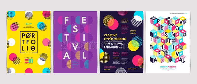 Set of Flyer Templates with Geometric Shapes and Patterns, 80s Memphis ...